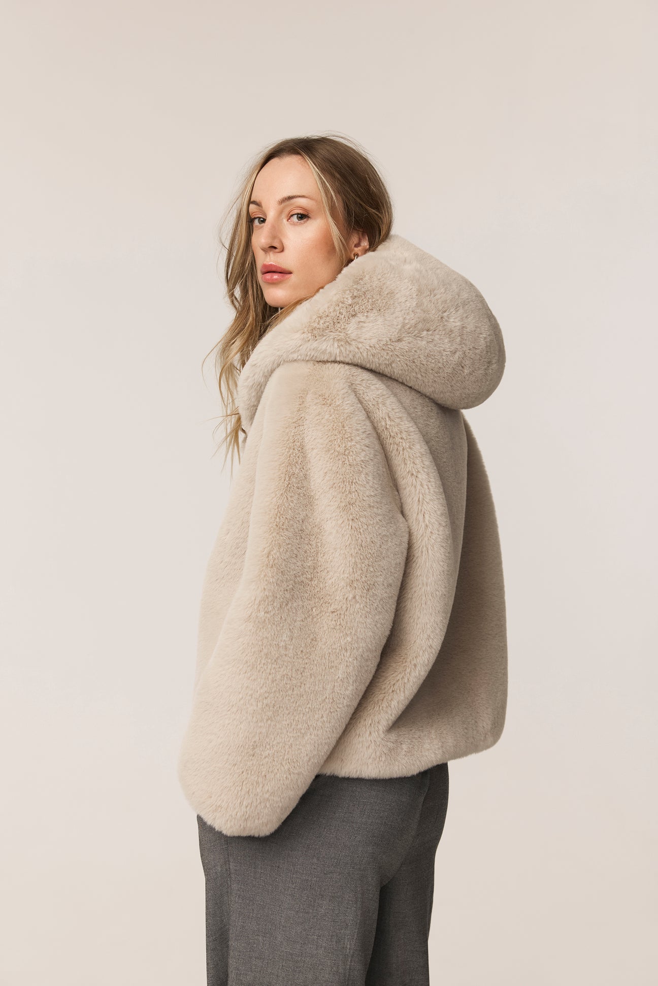 Jade Hooded Luxe Recycled Vegan Faux Fur Jacket Neutral – Issy London