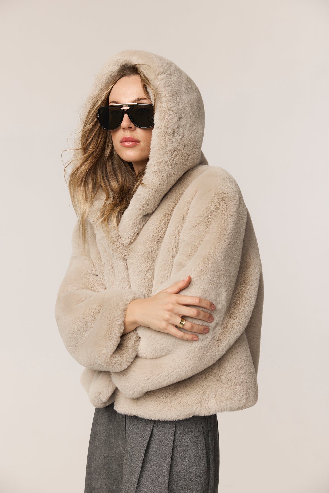 Jade Hooded Luxe Recycled Vegan Faux Fur Jacket Neutral – Issy London