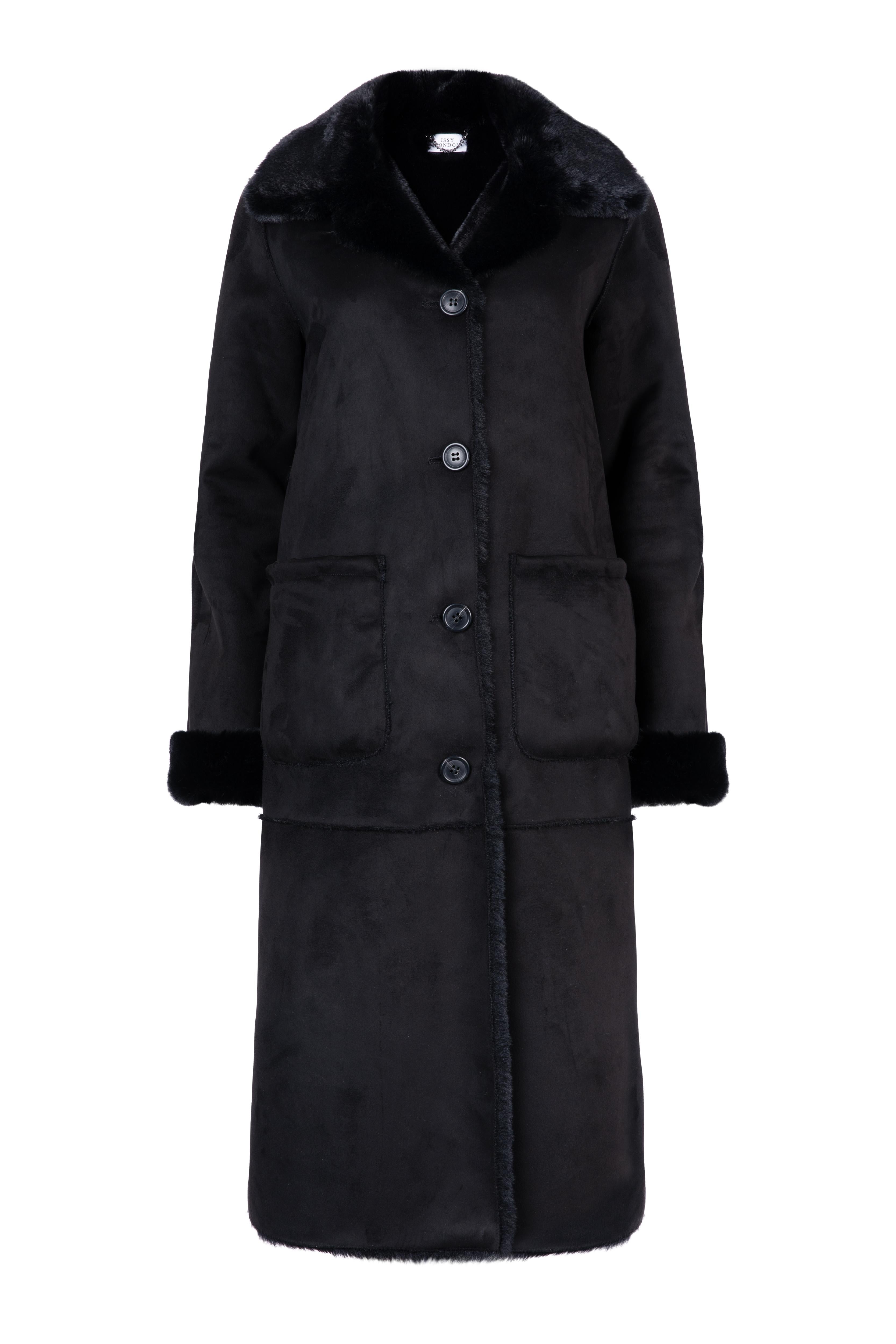 Nicole Maxi Coat Vegan Faux Shearling Jet Black – Issy London